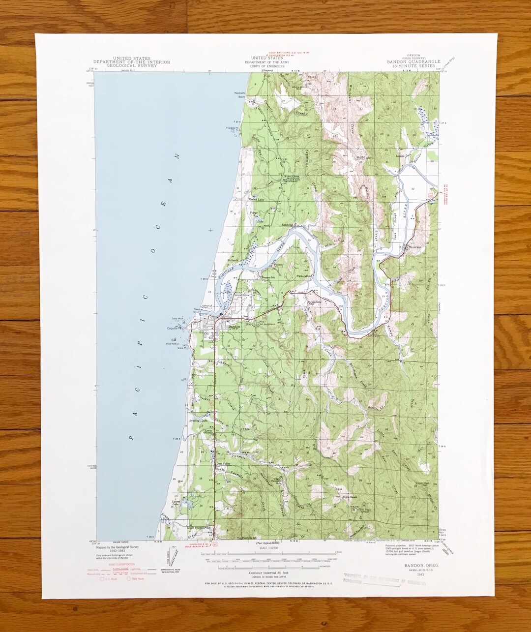 Antique Bandon, Oregon 1943 US Geological Survey Topographic Map – Coos ...