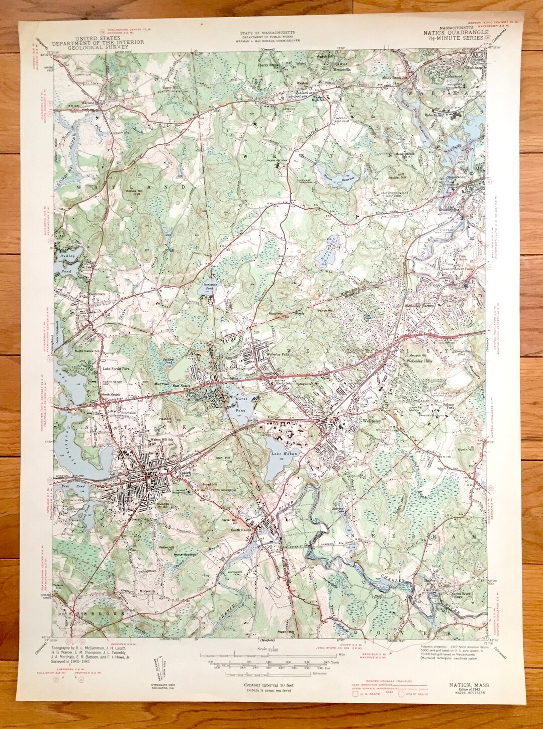 Antique Natick, Massachusetts 1943 US Geological Survey Topographic Map ...