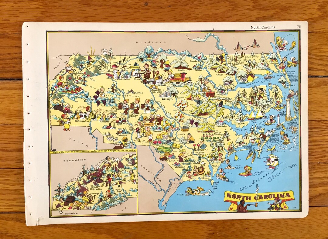Antique 1938 North Carolina State Map From Our Gay Geography by Ruth ...