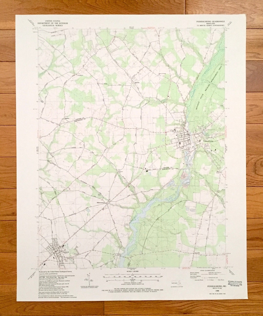 Antique Federalsburg, Maryland 1988 US Geological Survey Topographic ...