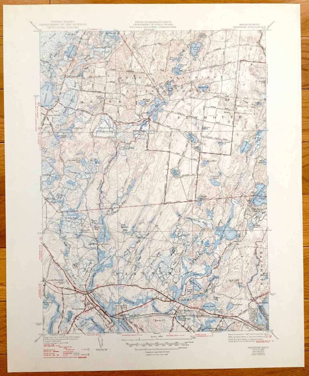 Antique Wareham, Massachusetts 1939 US Geological Survey Topographic ...