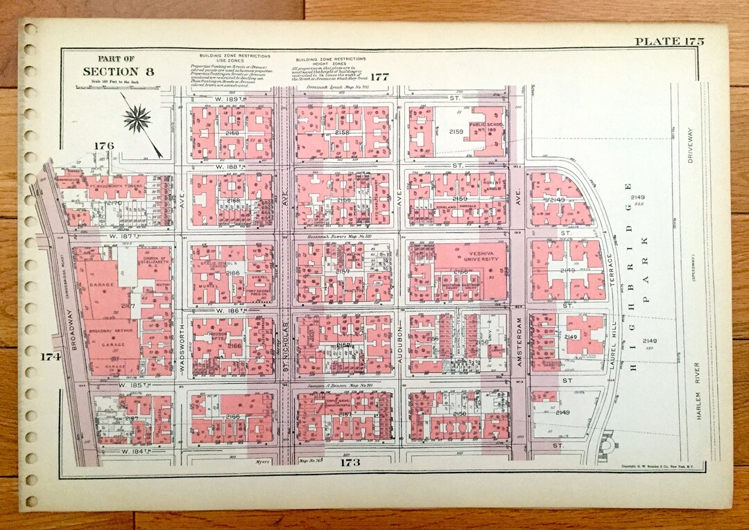 Antique Manhattan, New York City Map From Bromley's 1955 Manhattan Land ...
