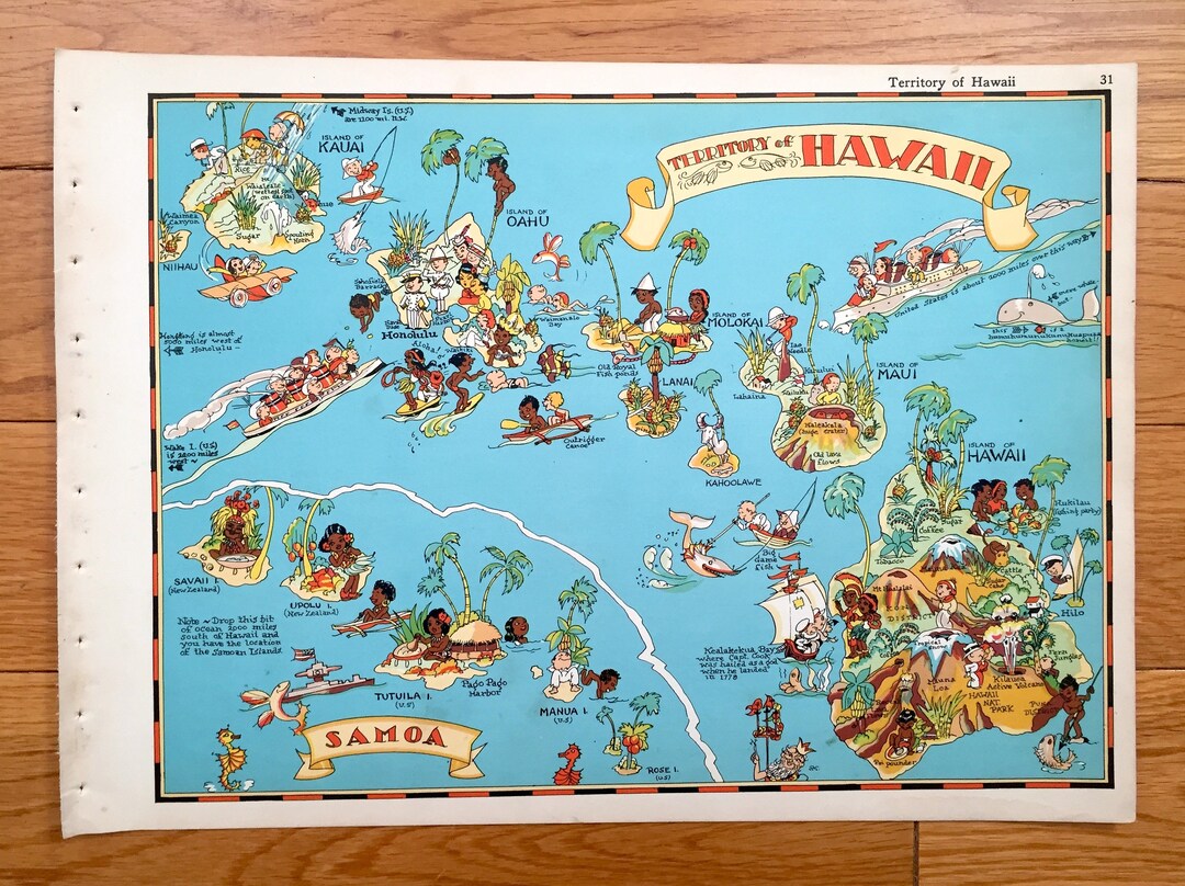 Antique 1935 Hawaii & Samoa State Map From Our Gay Geography by Ruth ...