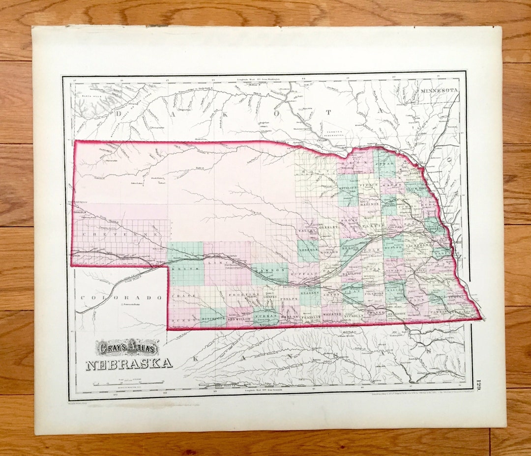 Antique 1874 Nebraska State Map From O.W. Gray's Atlas of United States ...