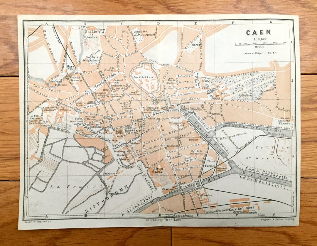 Antique 1909 Caen, France Map From Baedekers Guide Atlas – Calvados ...