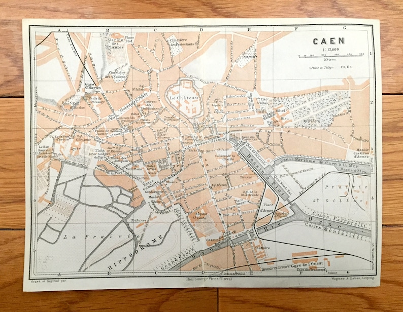 Antique 1909 Caen France Map From Baedekers Guide Atlas - Etsy