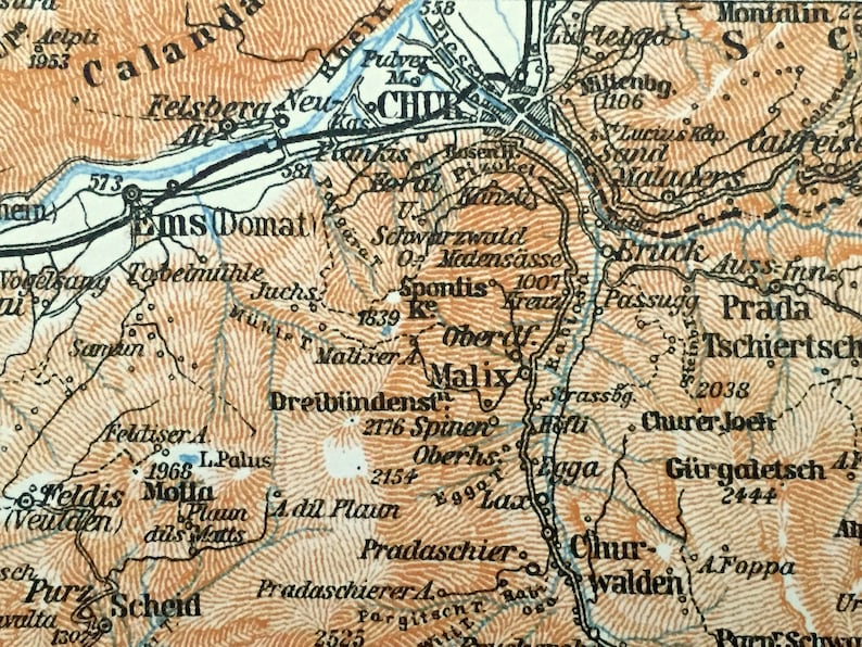 Antique 1913 Chur, Switzerland Map From Baedekers Guide Atlas – Ems ...