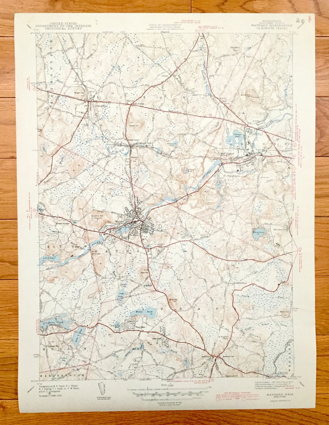 Antique Maynard, Massachusetts 1943 US Geological Survey Topographic ...