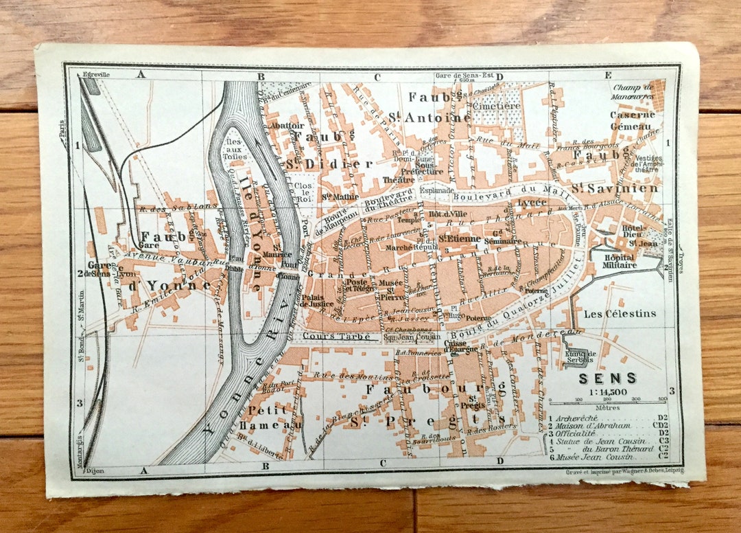 Antique 1909 Sens, France Map From Baedekers Guide Atlas – Yonne ...