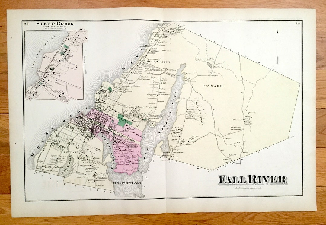 Antique 1871 Fall River, Massachusetts Map From F.W. Beers Atlas of ...