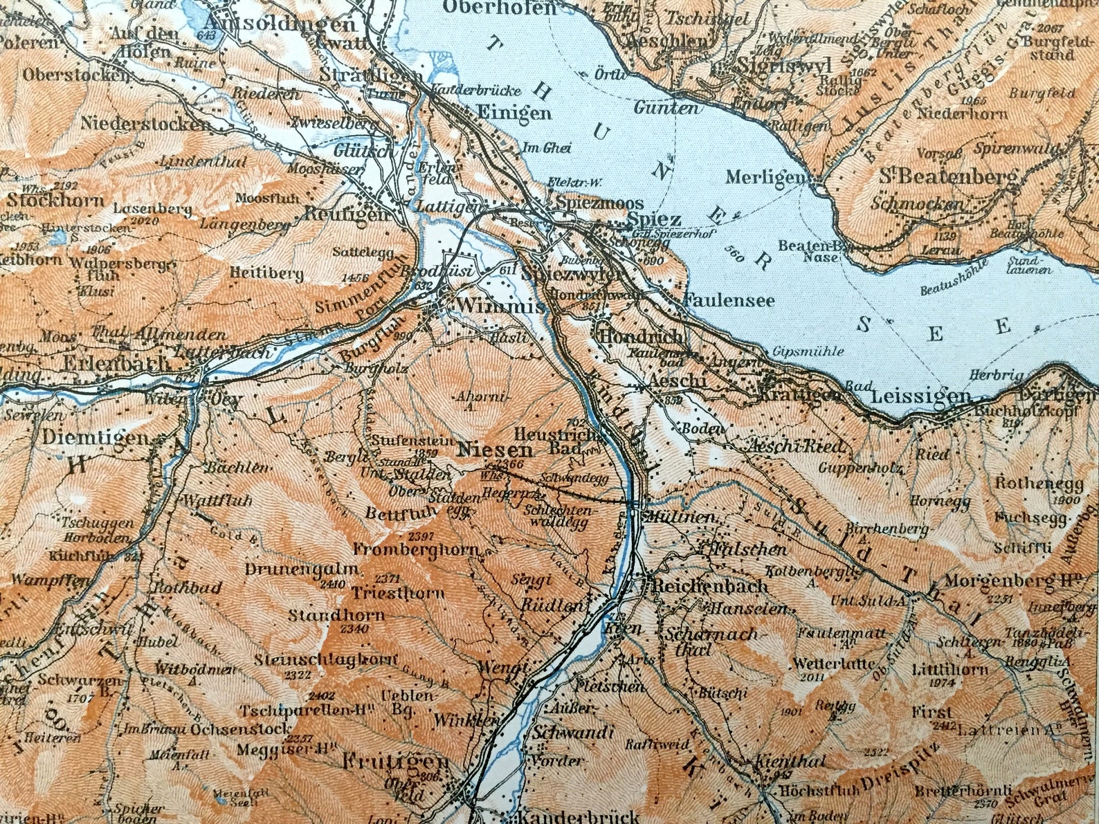 Antique 1913 Spiez, Switzerland Map From Baedekers Guide Atlas Lake ...