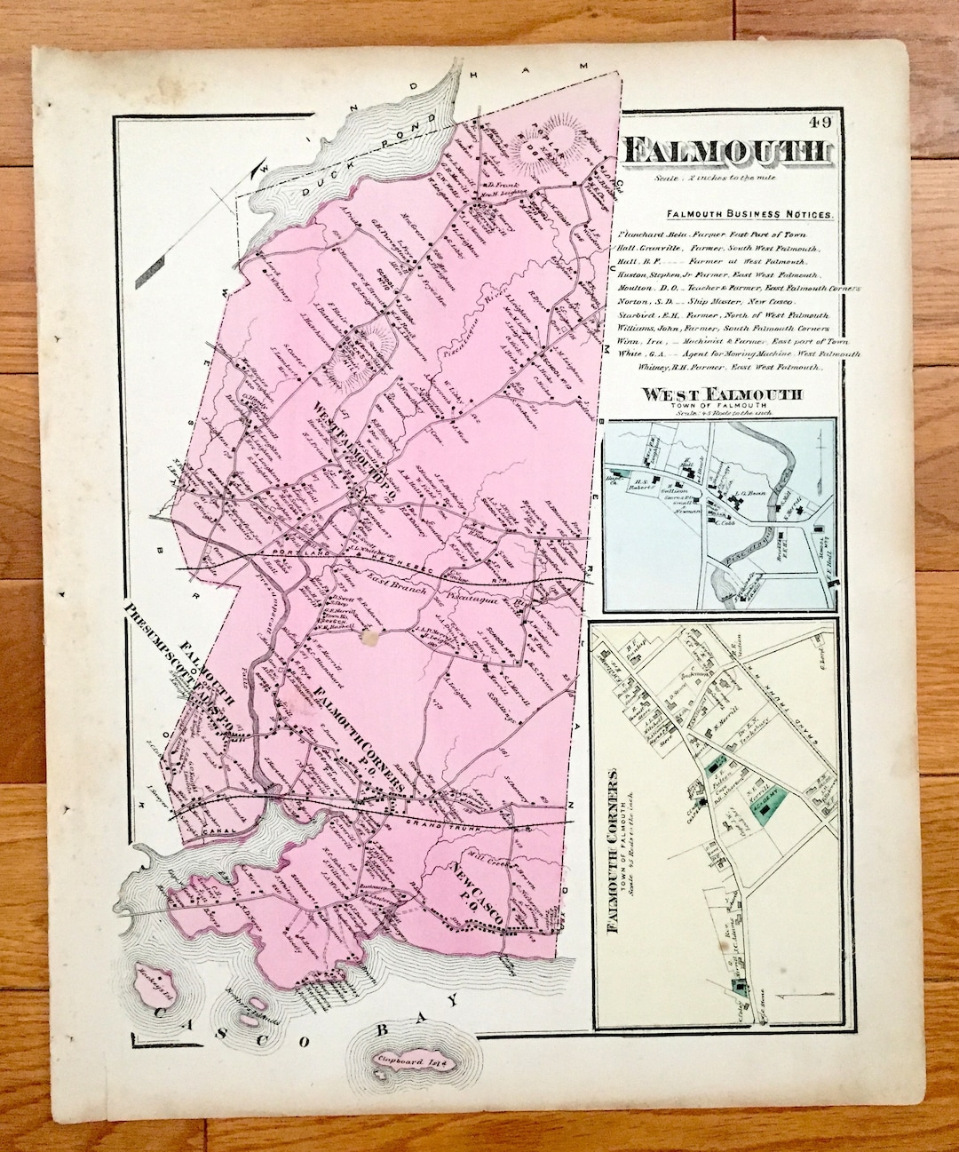 Antique 1871 Falmouth, Maine Map From F.W. Beers Atlas of Cumberland ...