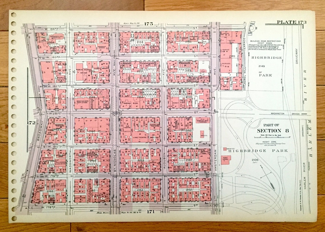 Antique Manhattan, New York City Map From Bromley's 1955 Manhattan Land ...