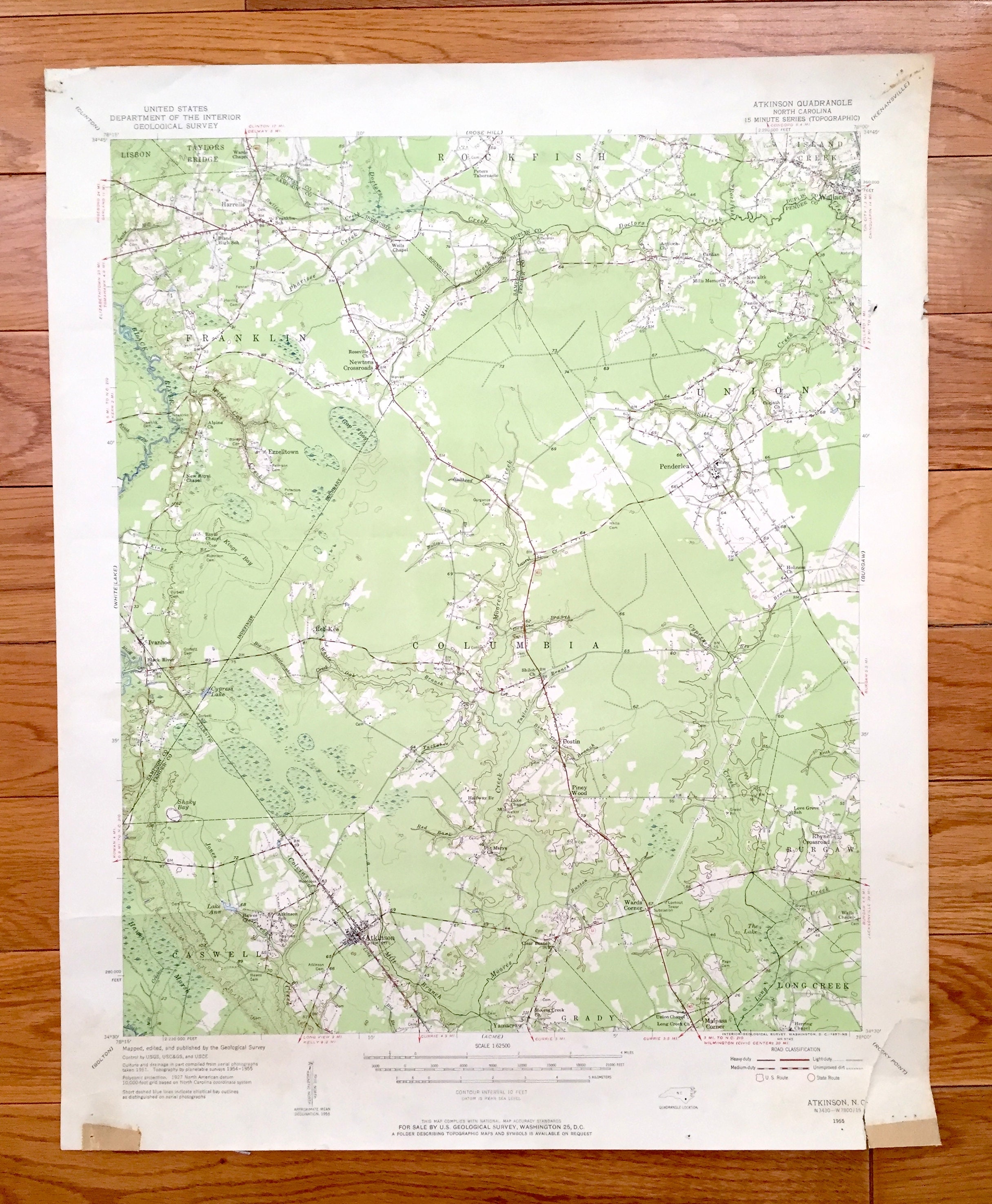 Antique Atkinson, North Carolina 1955 US Geological Survey Topographic ...