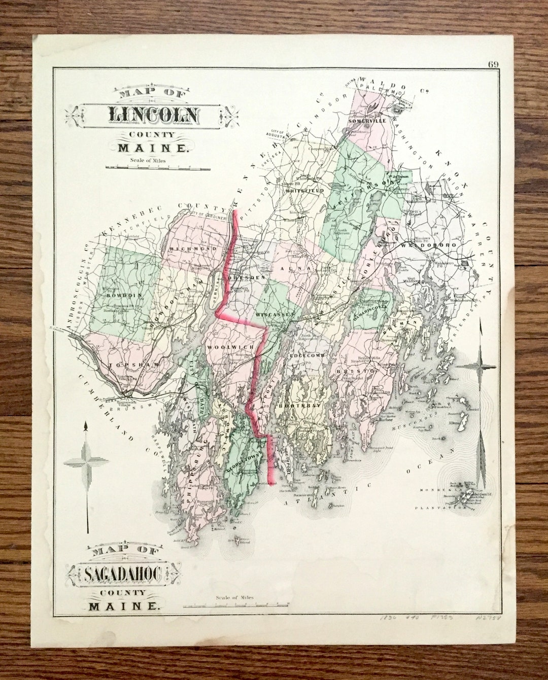 Antique 1890 Sagadahoc and Lincoln County, Maine Map by George N. Colby ...