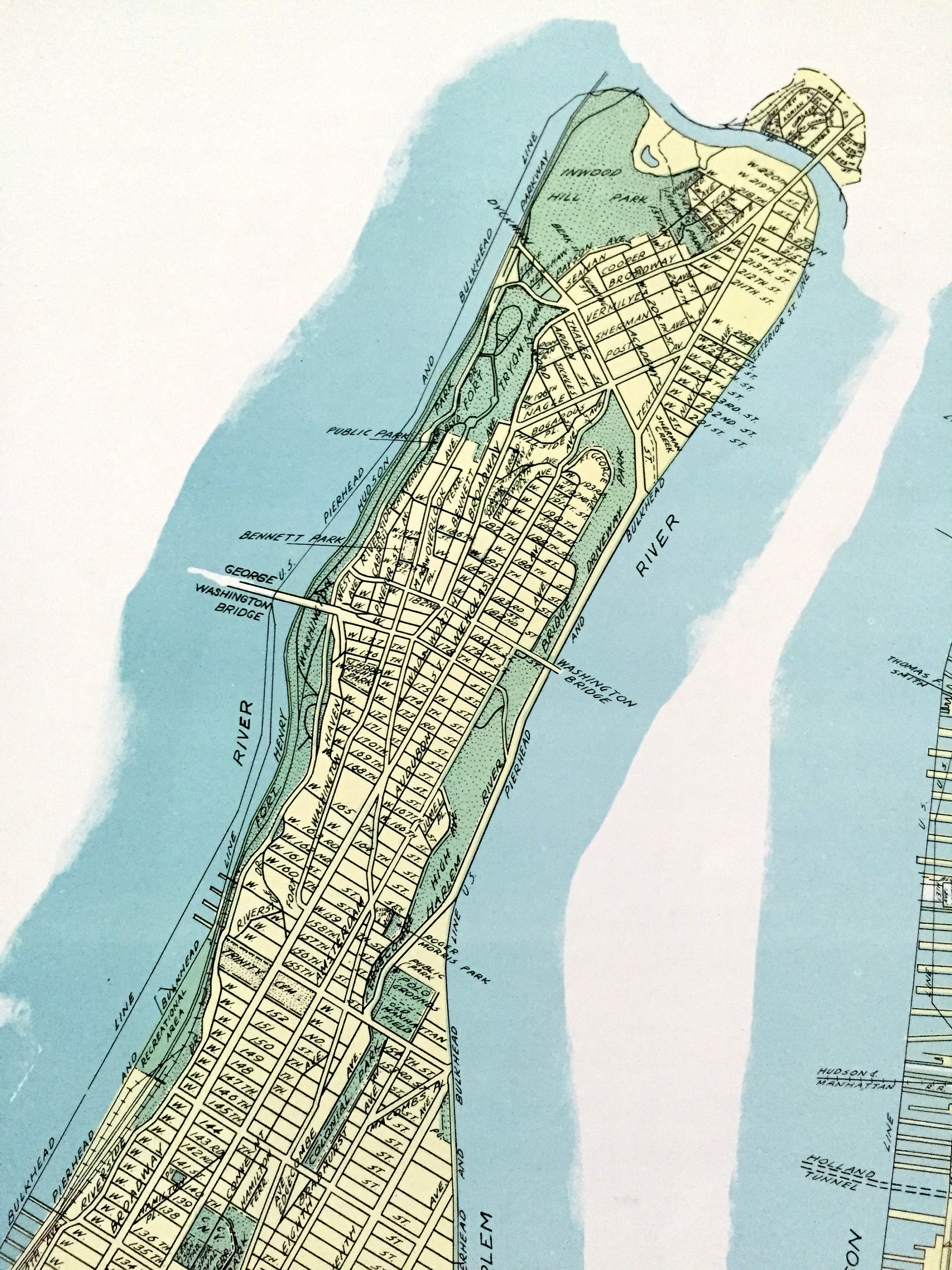 Antique Manhattan Borough, New York 1941 Historical Atlas Map Upper ...