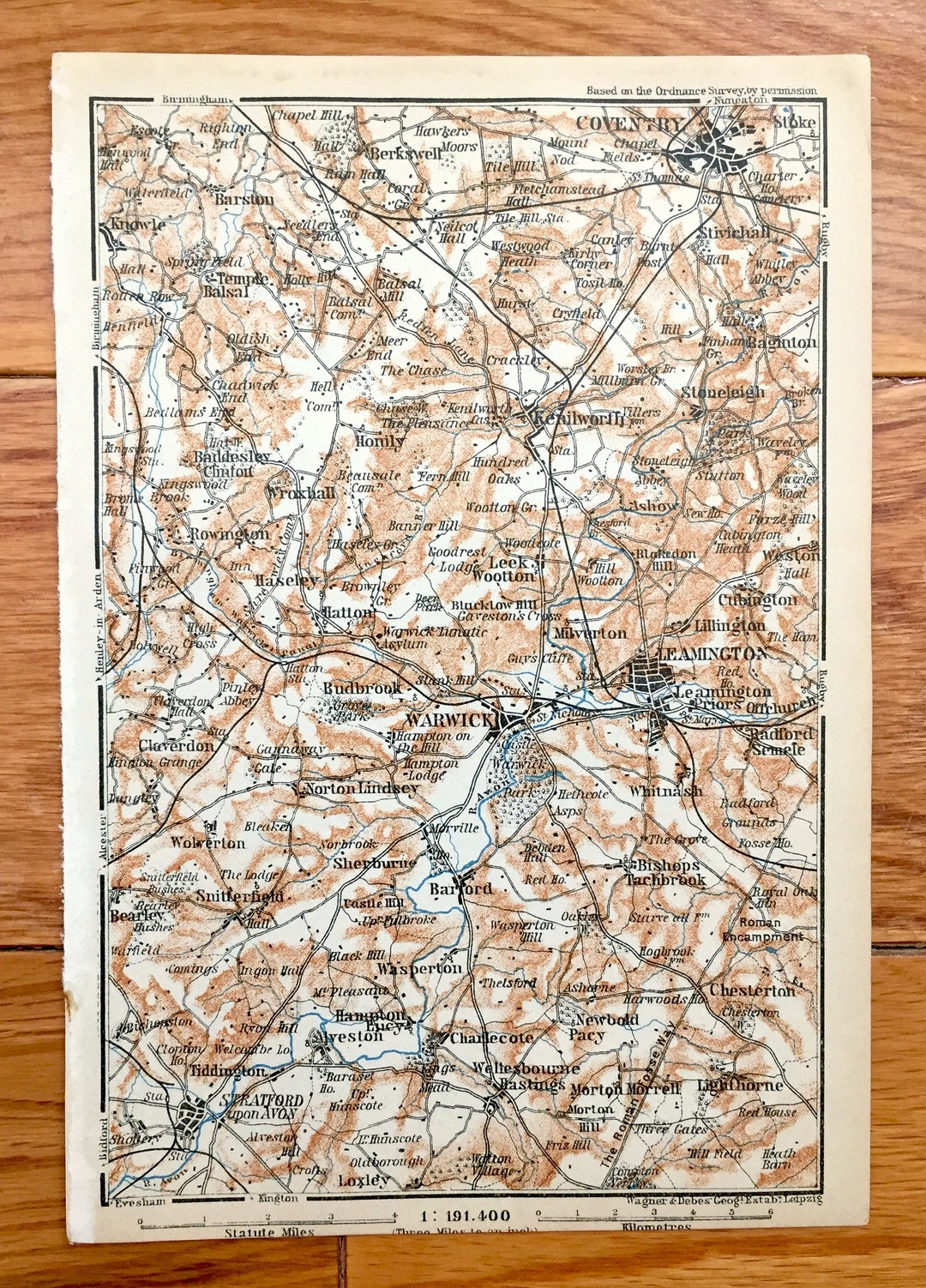 Antique 1927 Warwickshire County, England Map From Baedekers Atlas of ...