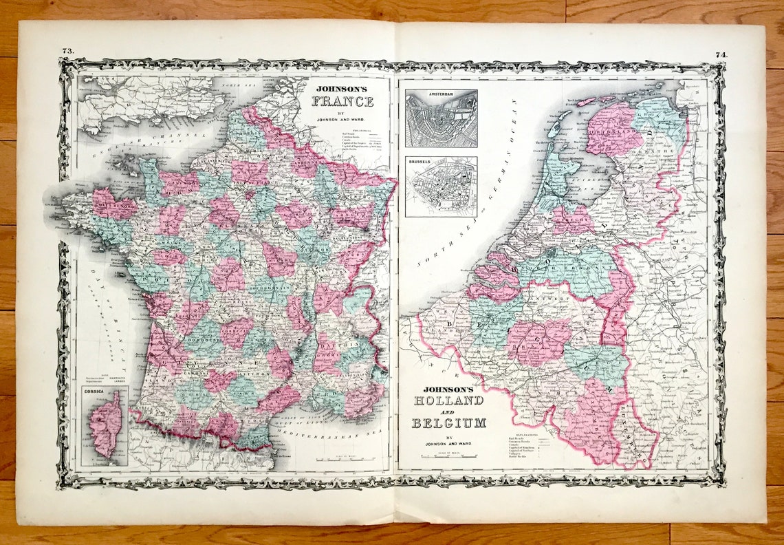 Antique 1864 France, Holland & Belgium Map by Johnson and Ward – Paris ...