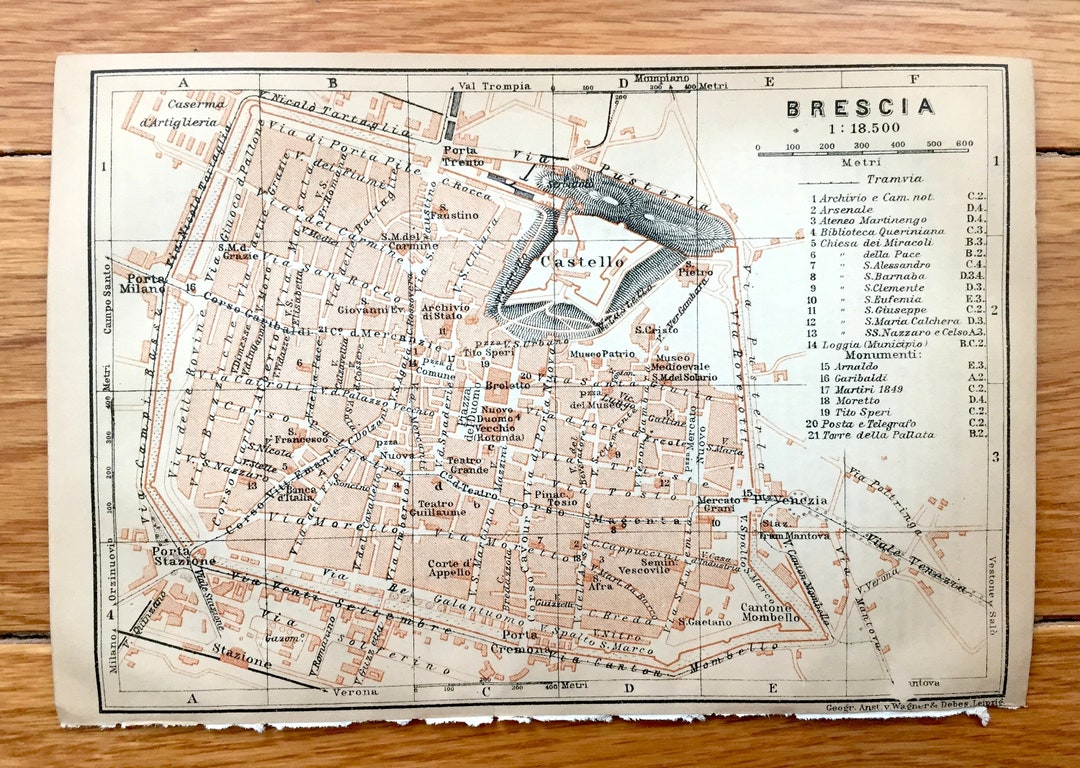 Antique 1904 Brescia, Italy Map From Baedekers Guide – Lombardy, Alps ...