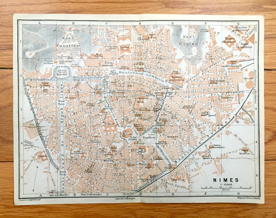 Antique 1914 Nimes, France Map From Baedekers Guide Atlas – Occitanie ...