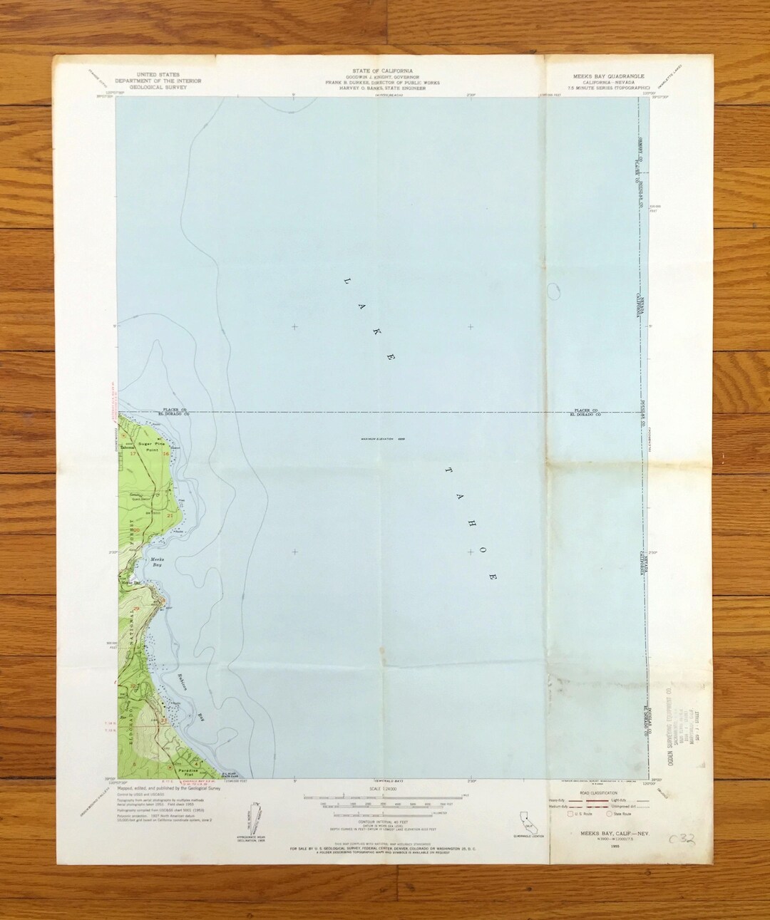 Antique Lake Tahoe, California 1955 US Geological Survey Topographic ...