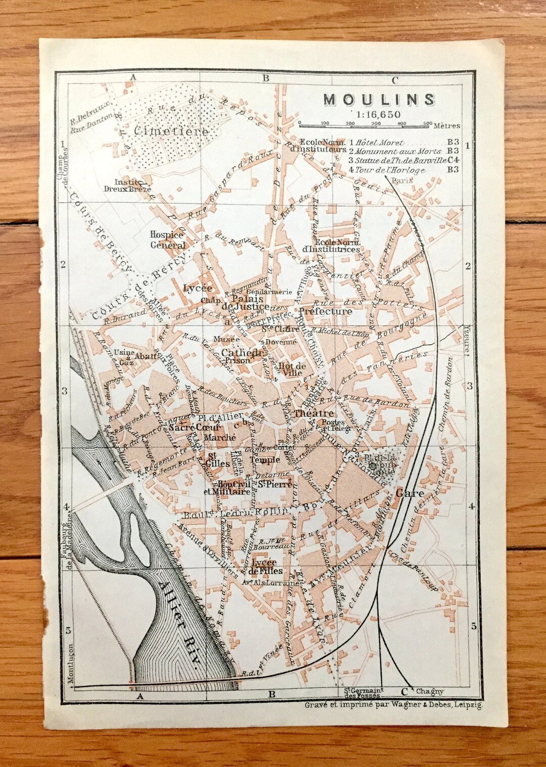 Antique 1914 Moulins, France Map From Baedekers Guide Atlas – Allier ...