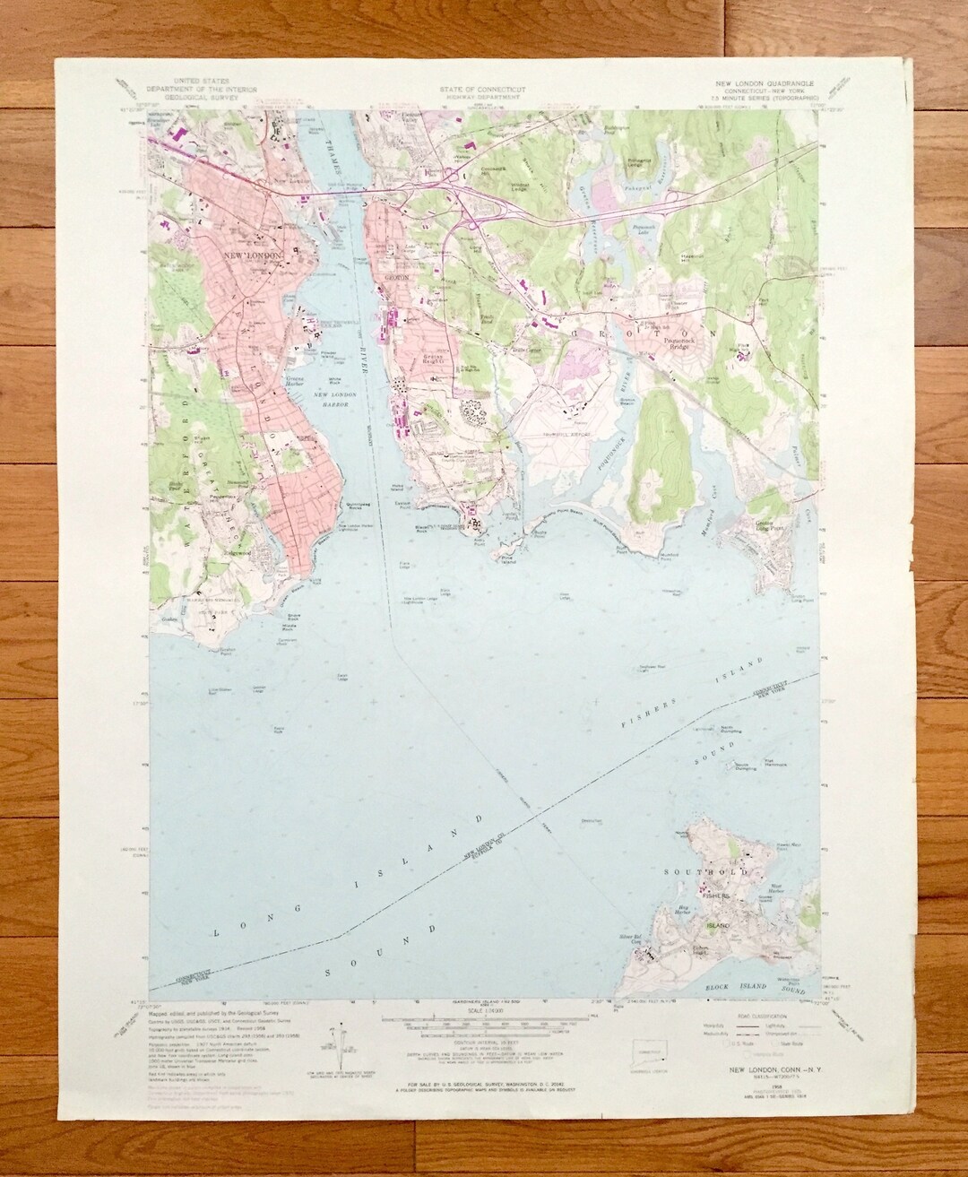 Antique New London, Connecticut 1958 US Geological Survey Topographic ...