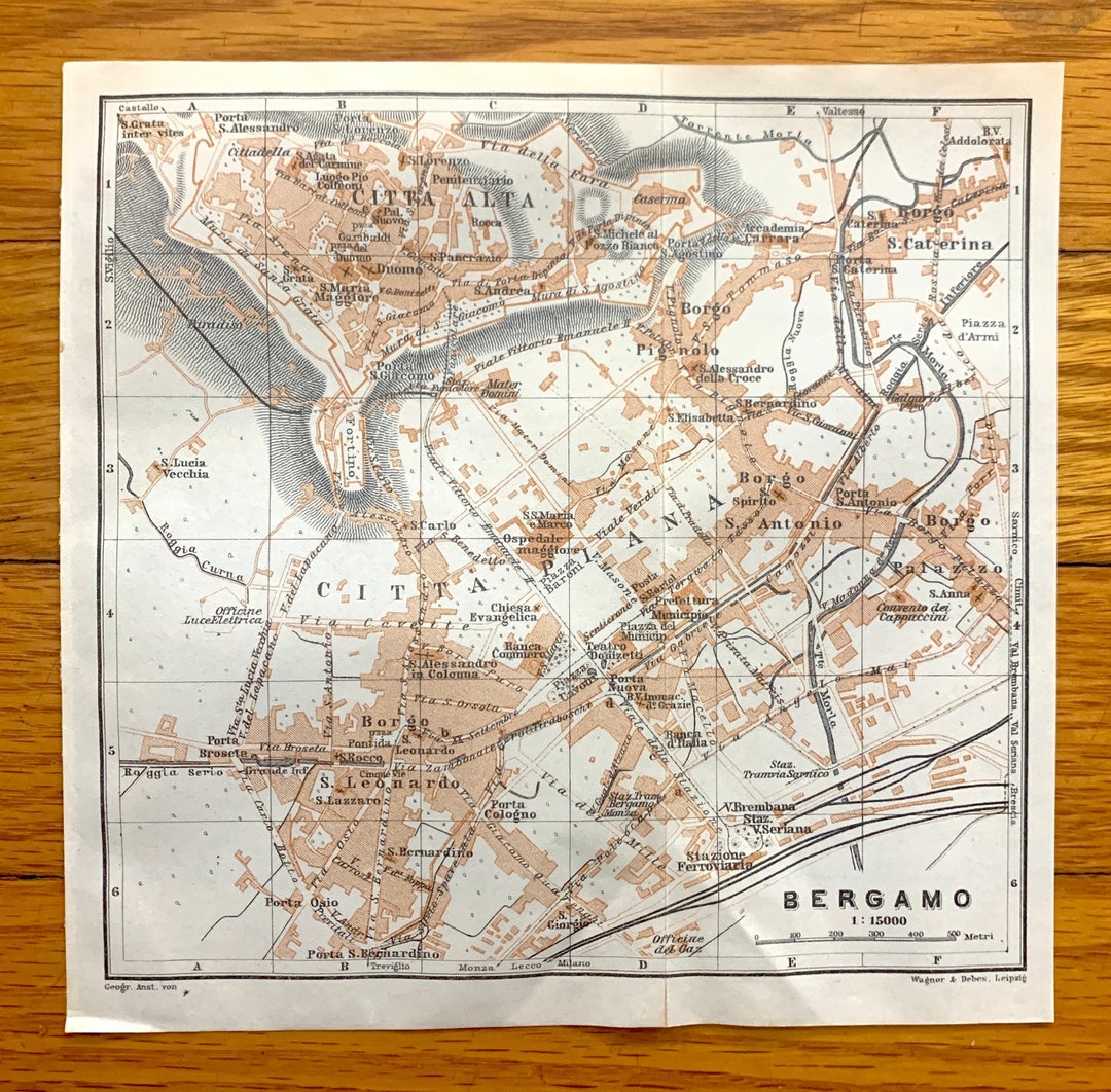 Antique 1913 Bergamo, Italy Map From Baedekers Guide – Lombardy, Citta ...