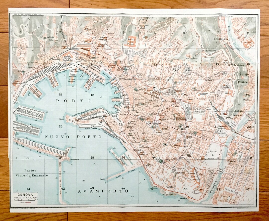 Antique 1937 Genoa, Italy Map From Muirhead's Blue Guides & Baedekers ...