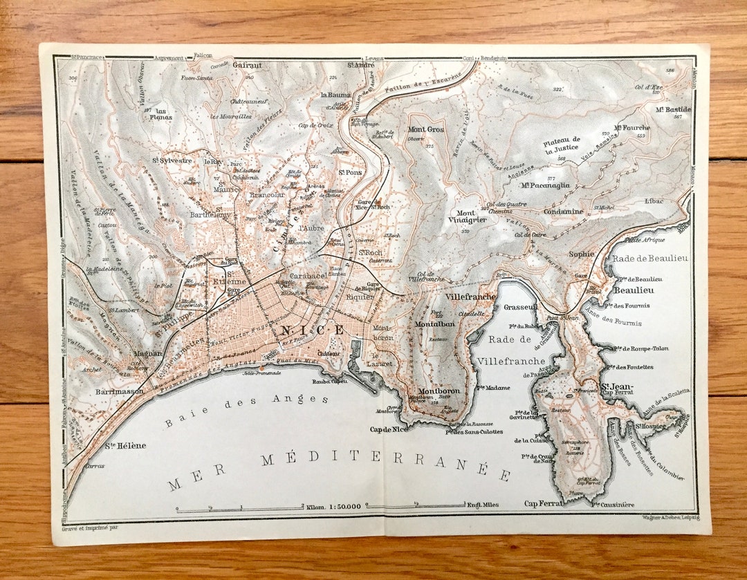 Antique 1914 Nice, France Map From Baedekers Guide Atlas ...
