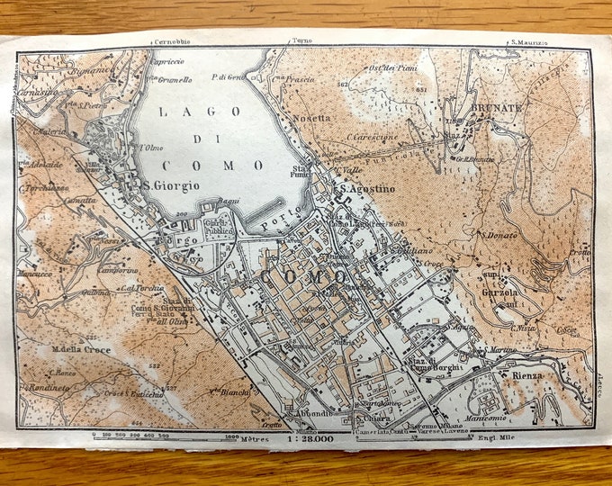 Antique 1913 Como, Italy Map From Baedekers Guide – Lombardy, Lago Di ...