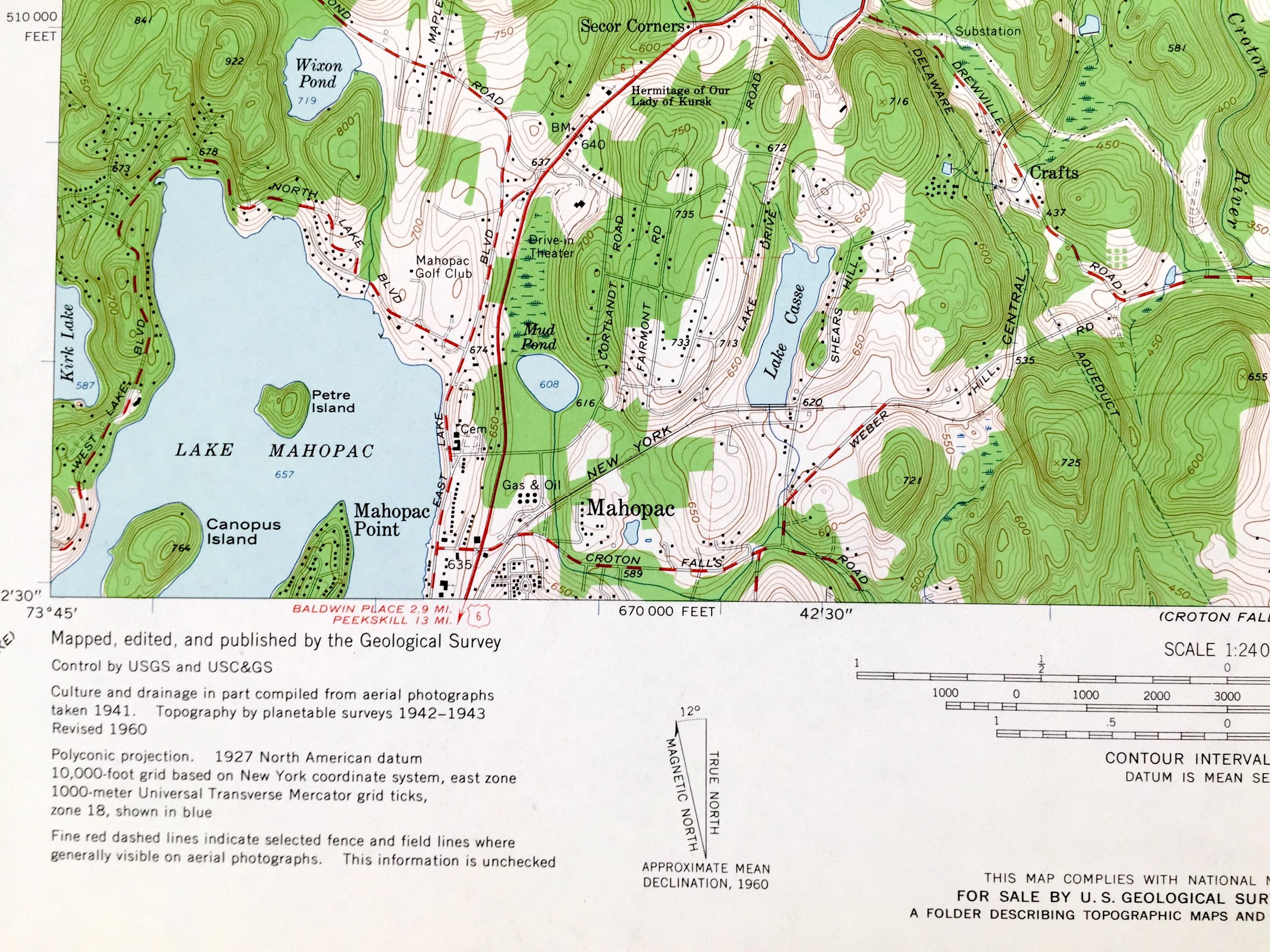 Antique Lake Carmel, New York 1960 US Geological Survey Topographic Map ...
