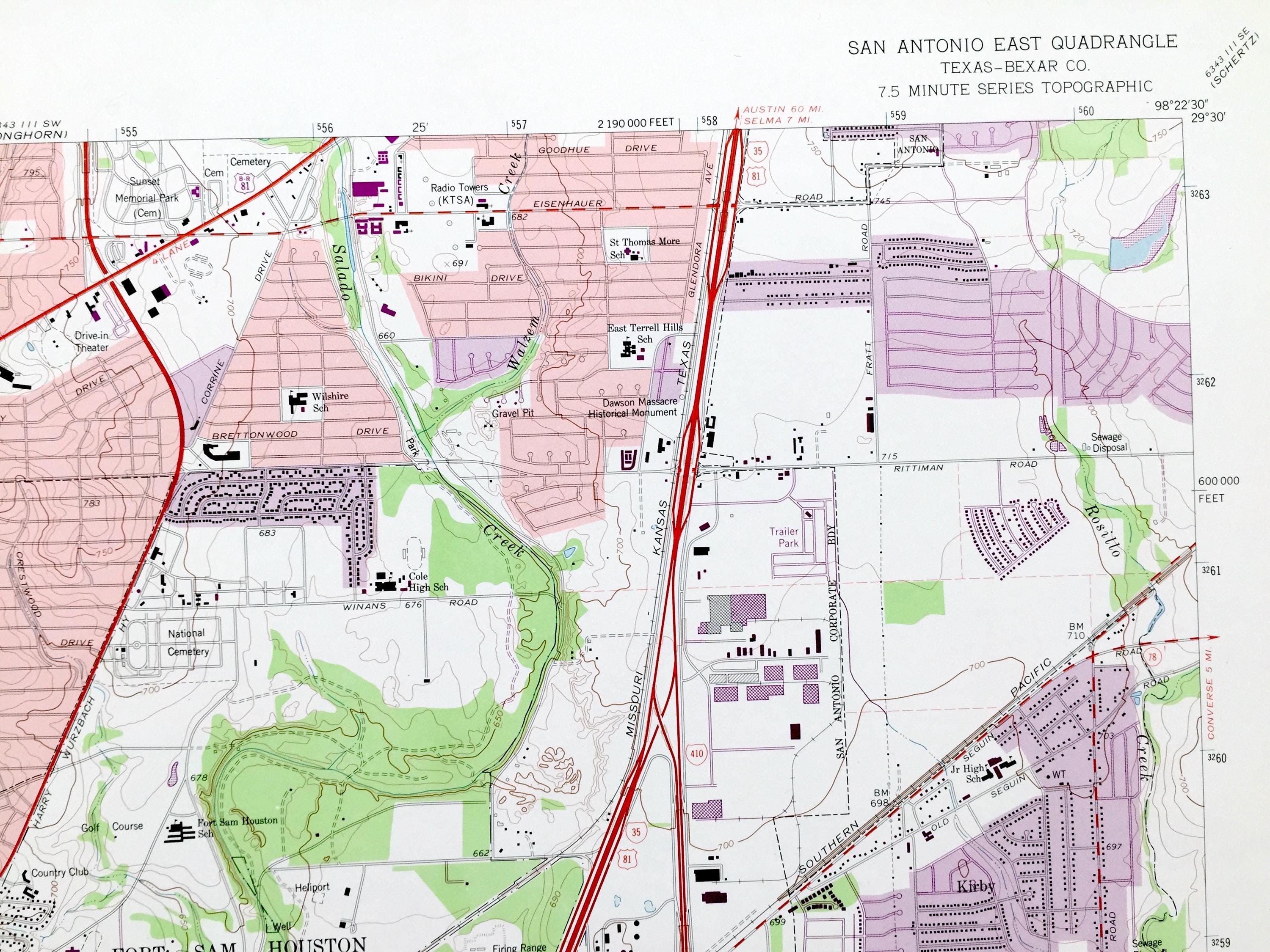 Antique San Antonio East, Texas 1967 US Geological Survey Topographic ...