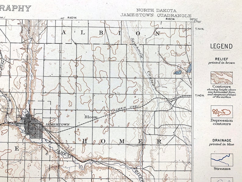 Antique Jamestown, North Dakota 1896 US Geological Survey Topographic ...