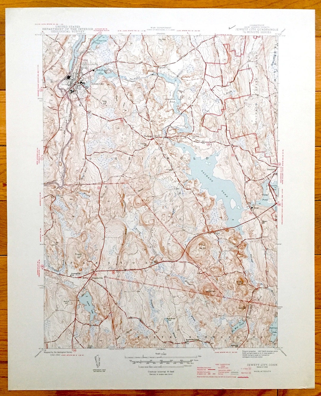 Antique Jewett City, Connecticut 1944 US Geological Survey Topographic ...