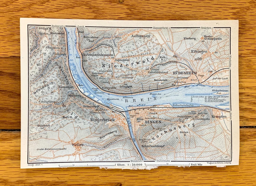 Antique 1911 Bingen, Germany Map From Baedekers Guide Atlas – Rhineland ...