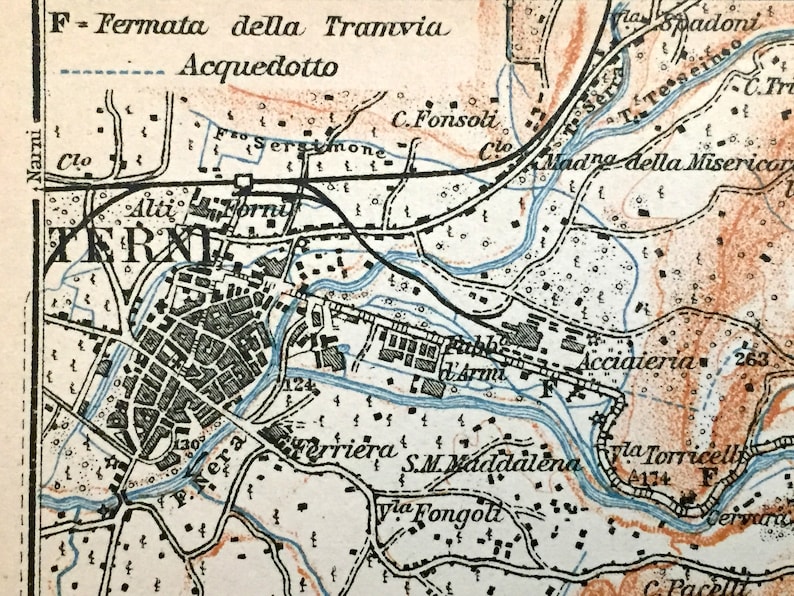 Antique 1904 Terni, Italy Map From Baedekers Guide – Umbria, Terni ...