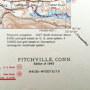 Antique Fitchville, Connecticut 1943 US Geological Survey Topographic Map – Colchester, Lebanon ...