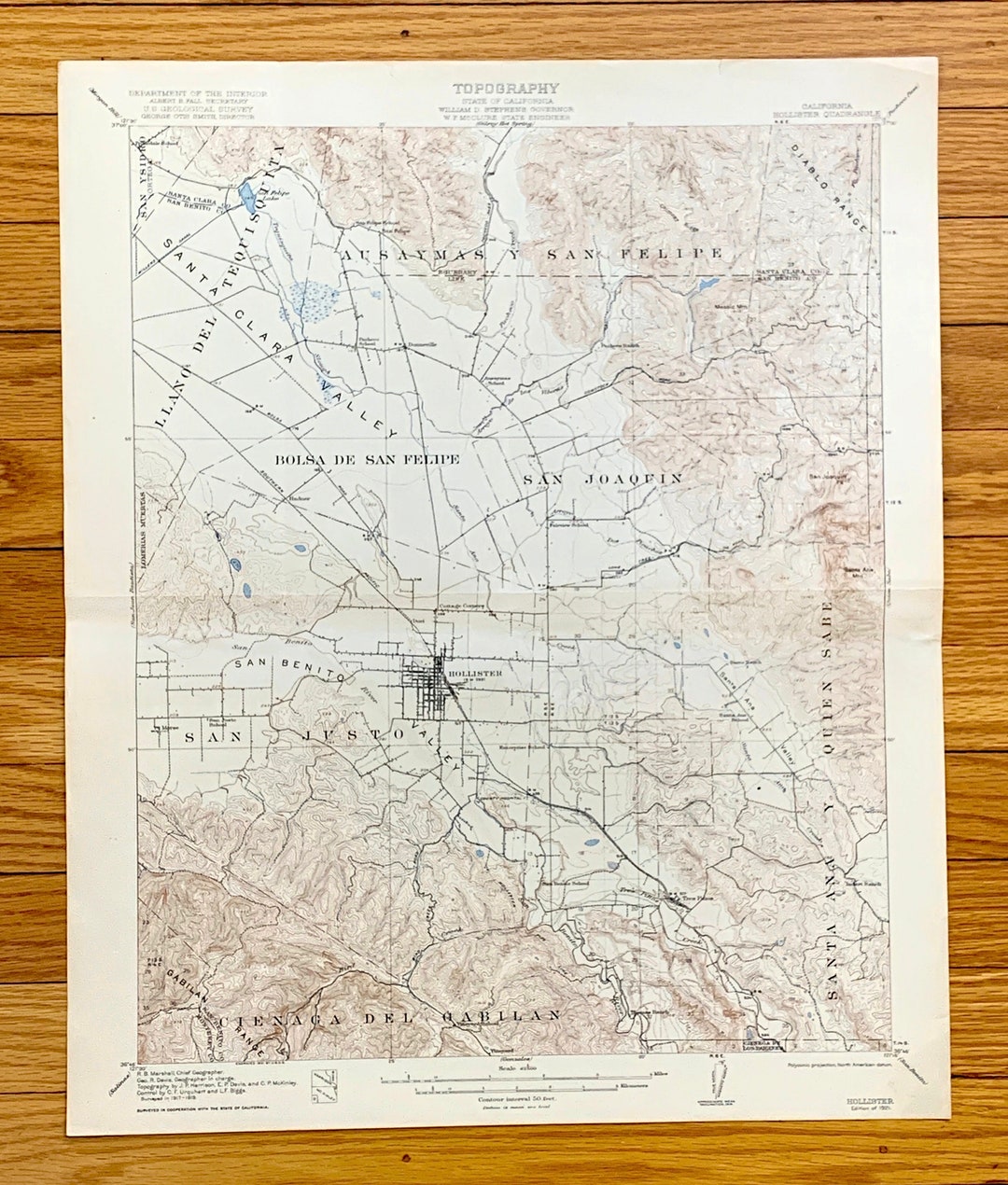 Antique Hollister, California 1921 US Geological Survey Topographic Map ...