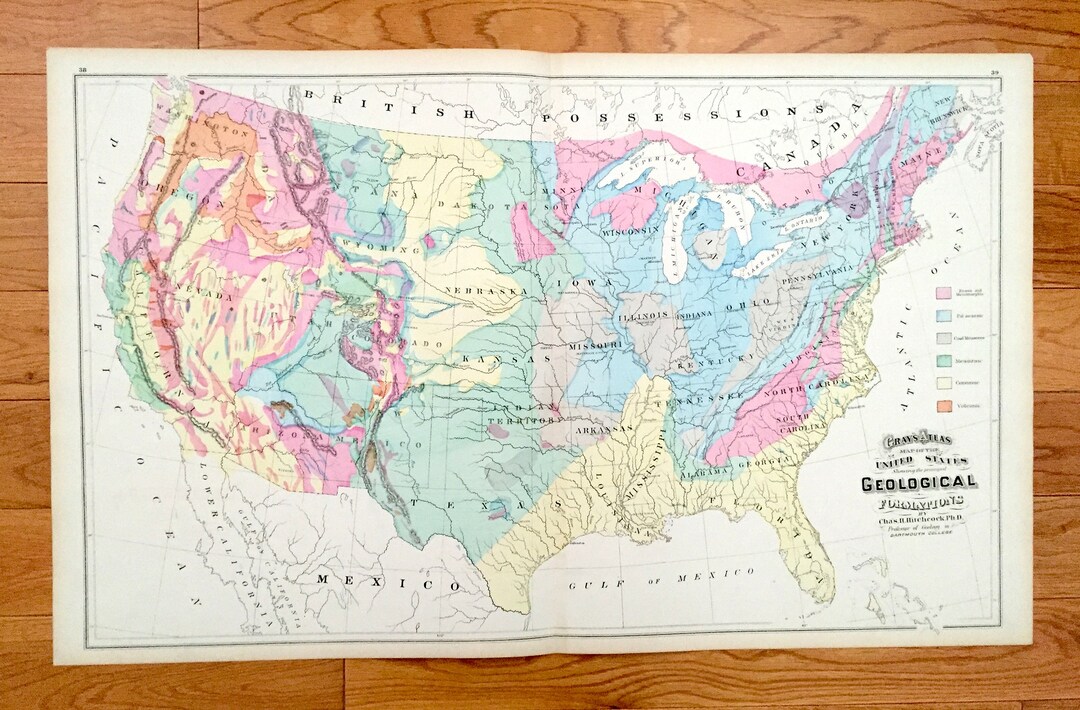 Antique 1874 Geological Formations Map of the United States From O.W ...