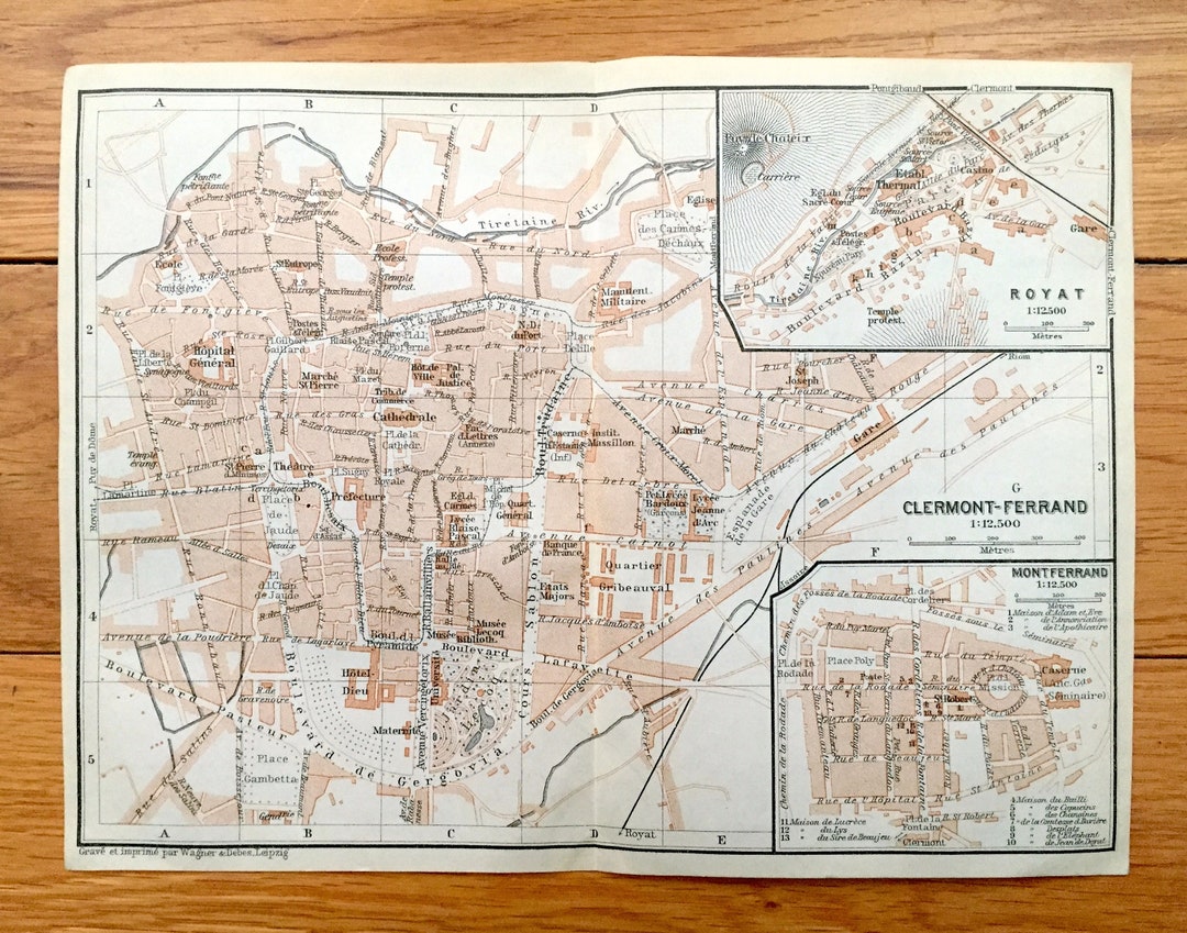 Antique 1914 Royat, Clermont-ferrand and Montferrand, France Map From ...