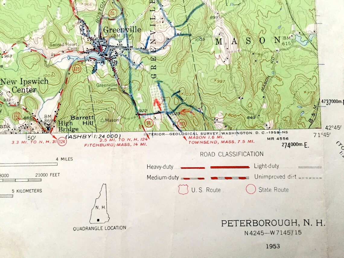 Antique Peterborough New Hampshire 1953 US Geological Survey - Etsy