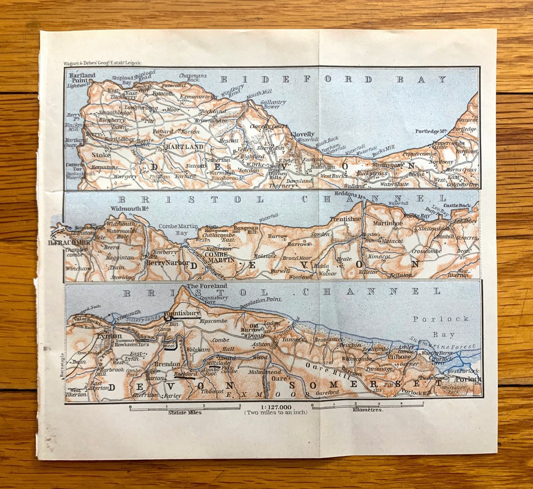Antique 1906 Bristol Channel Coastline, England Map From Baedekers ...