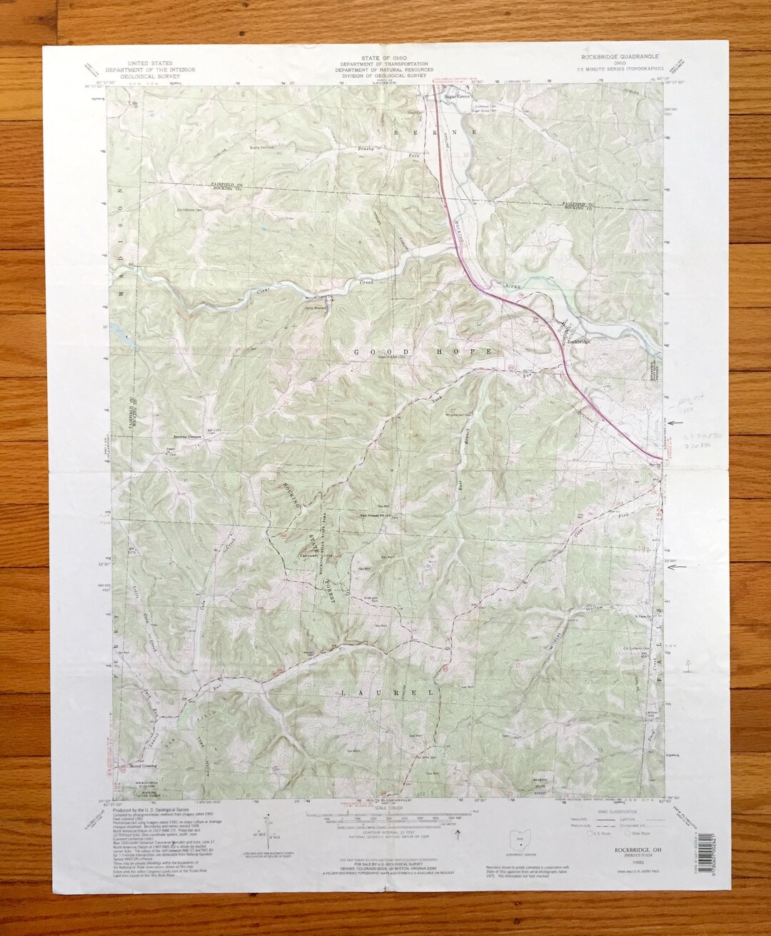 Antique Rockbridge, Ohio 1992 US Geological Survey Topographic Map ...