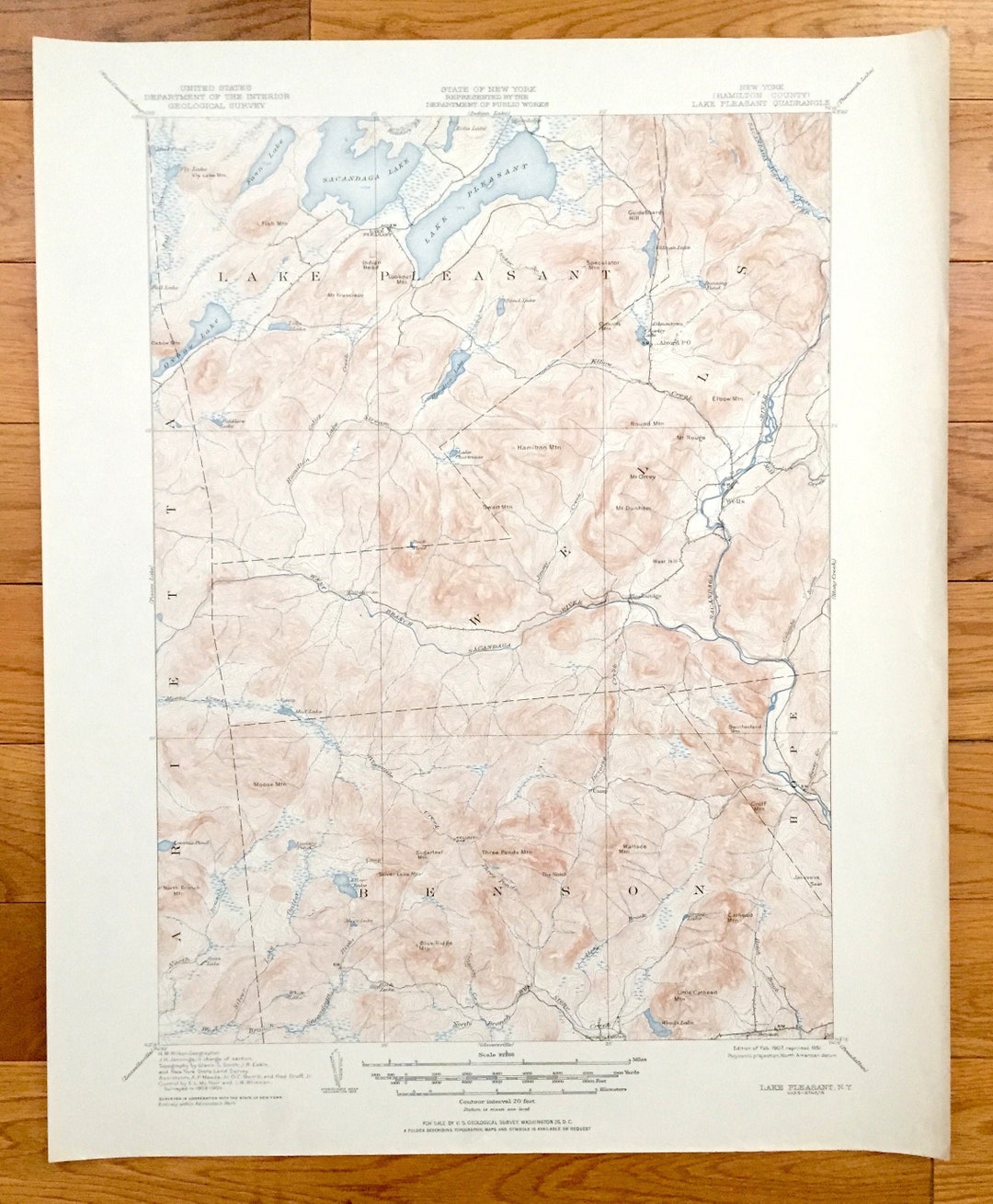 Antique Lake Pleasant, New York 1907 US Geological Survey Topographic ...