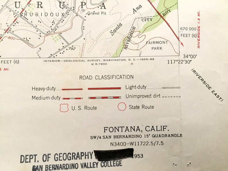 Antique Fontana, California 1953 US Geological Survey Topographic Map ...