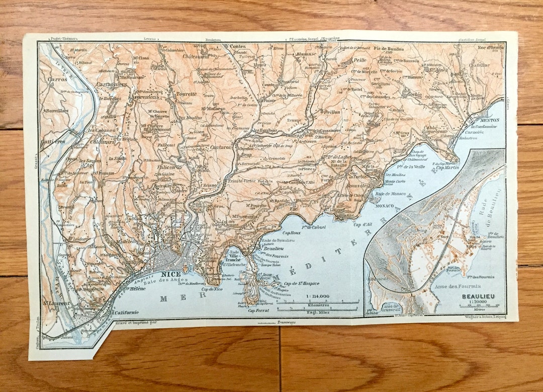 Antique 1914 Nice Beaulieu, France Map From Baedekers Guide Atlas ...