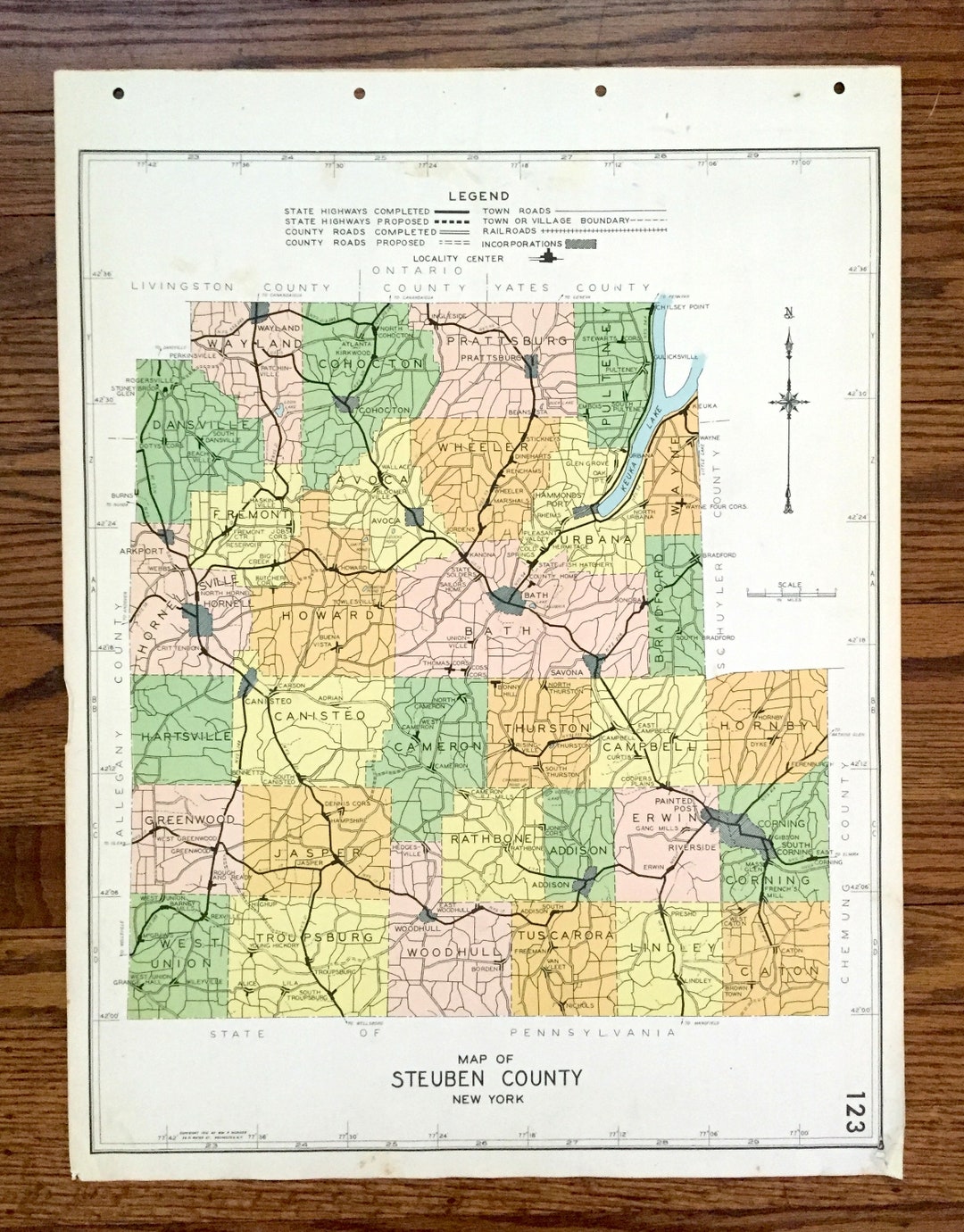 Antique Steuben County, New York 1941 Historical Atlas Map – Bath ...