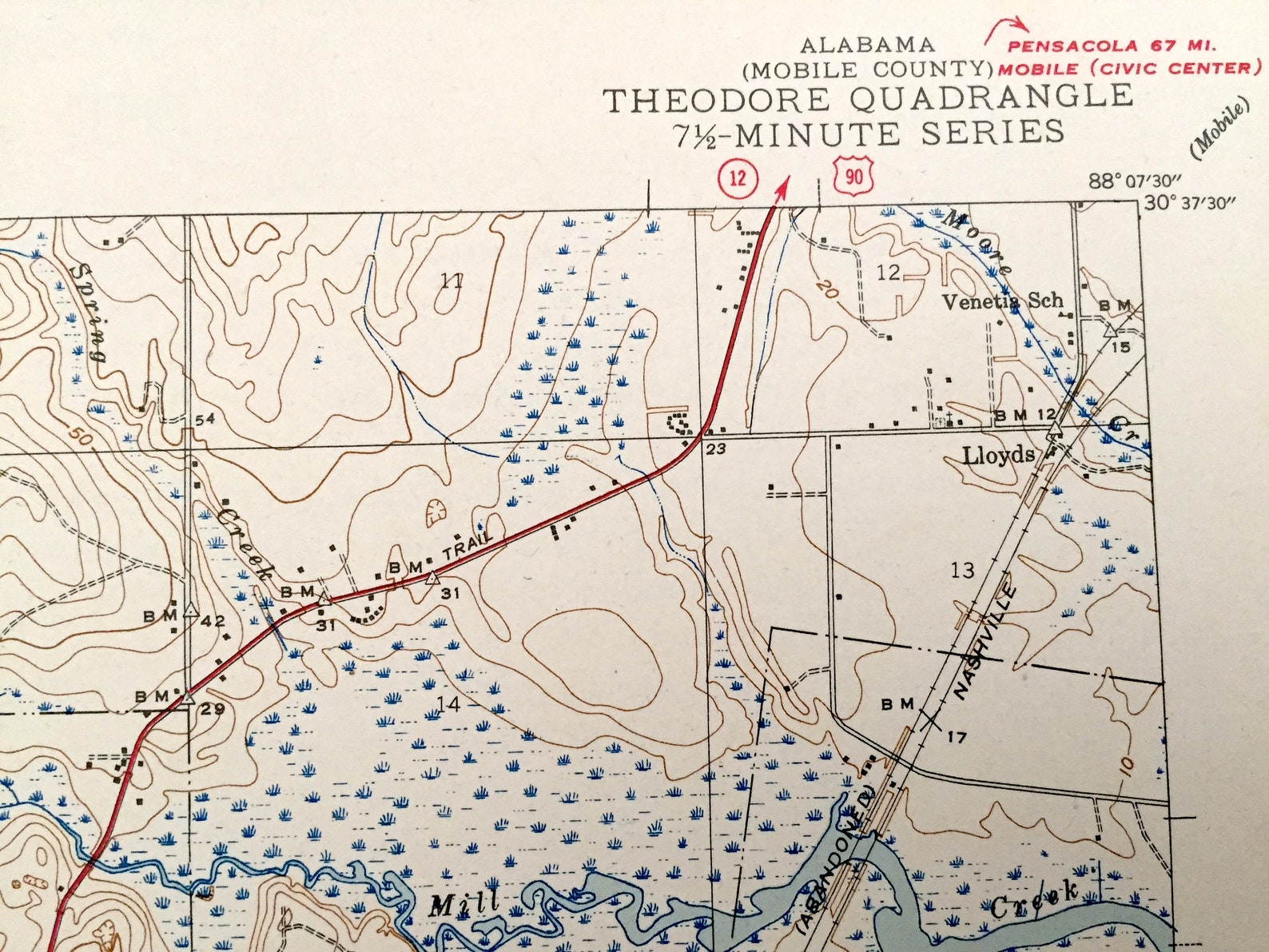 Antique Theodore, Alabama 1943 US Geological Survey Topographic Map ...