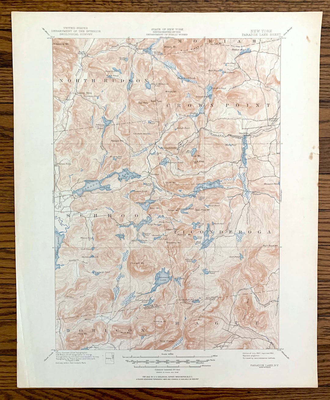 Antique Paradox Lake, New York 1897 US Geological Survey Topographic ...